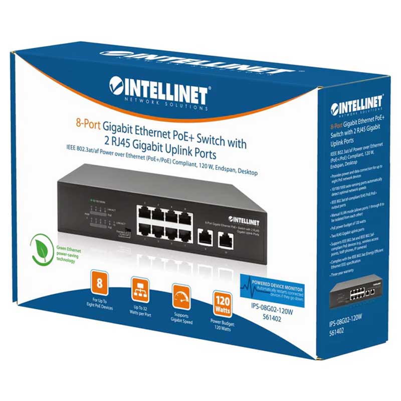Intellinet IPS-08G02-120W 8-Port Gigabit Ethernet PoE+ Switch - 561402 ...